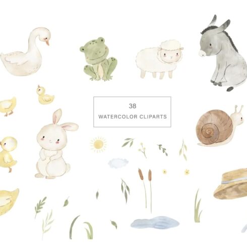 Countryside Goose, Donkey, Frog Clipart | Master Bundles
