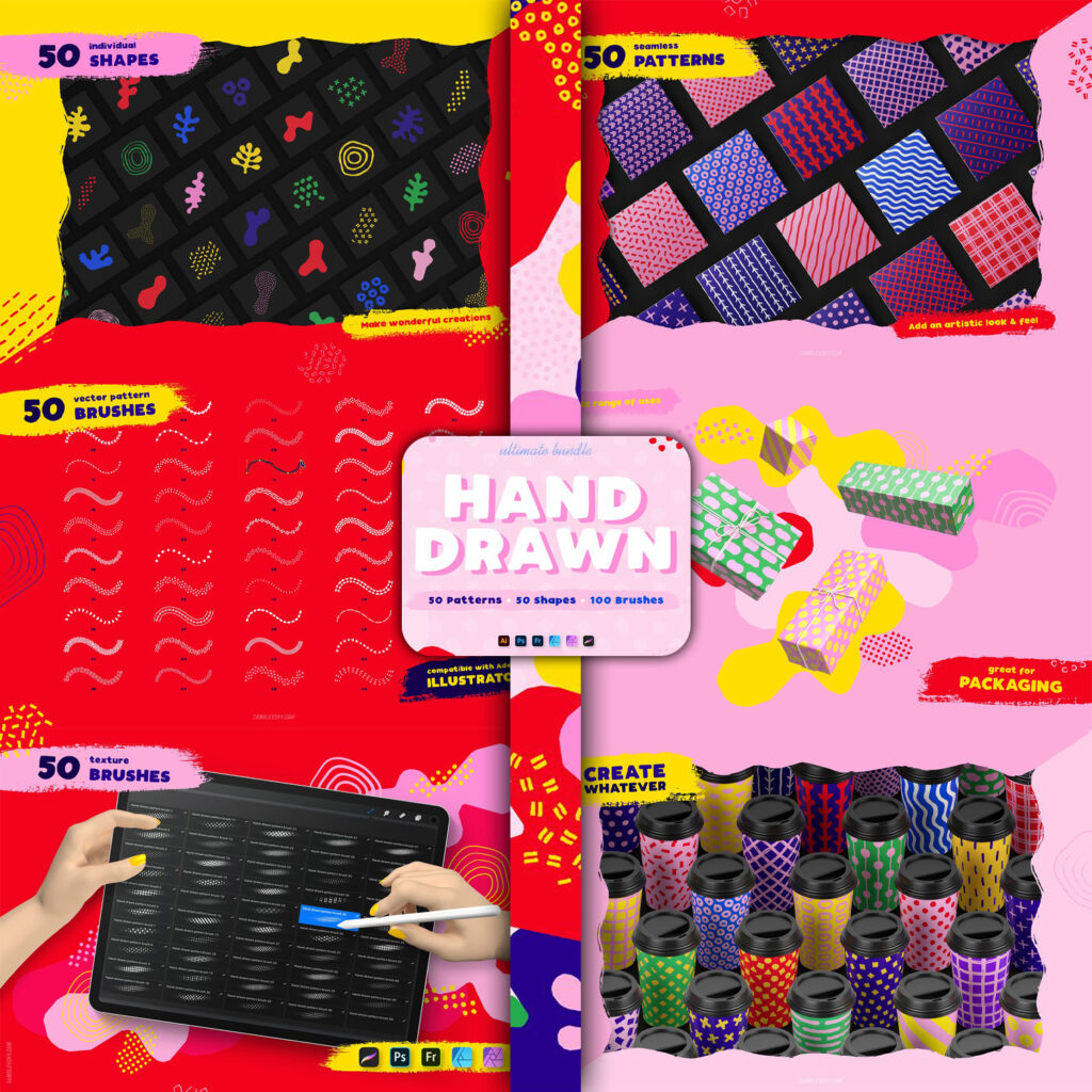 Hand Drawn Patterns, Shapes, Brushes – MasterBundles