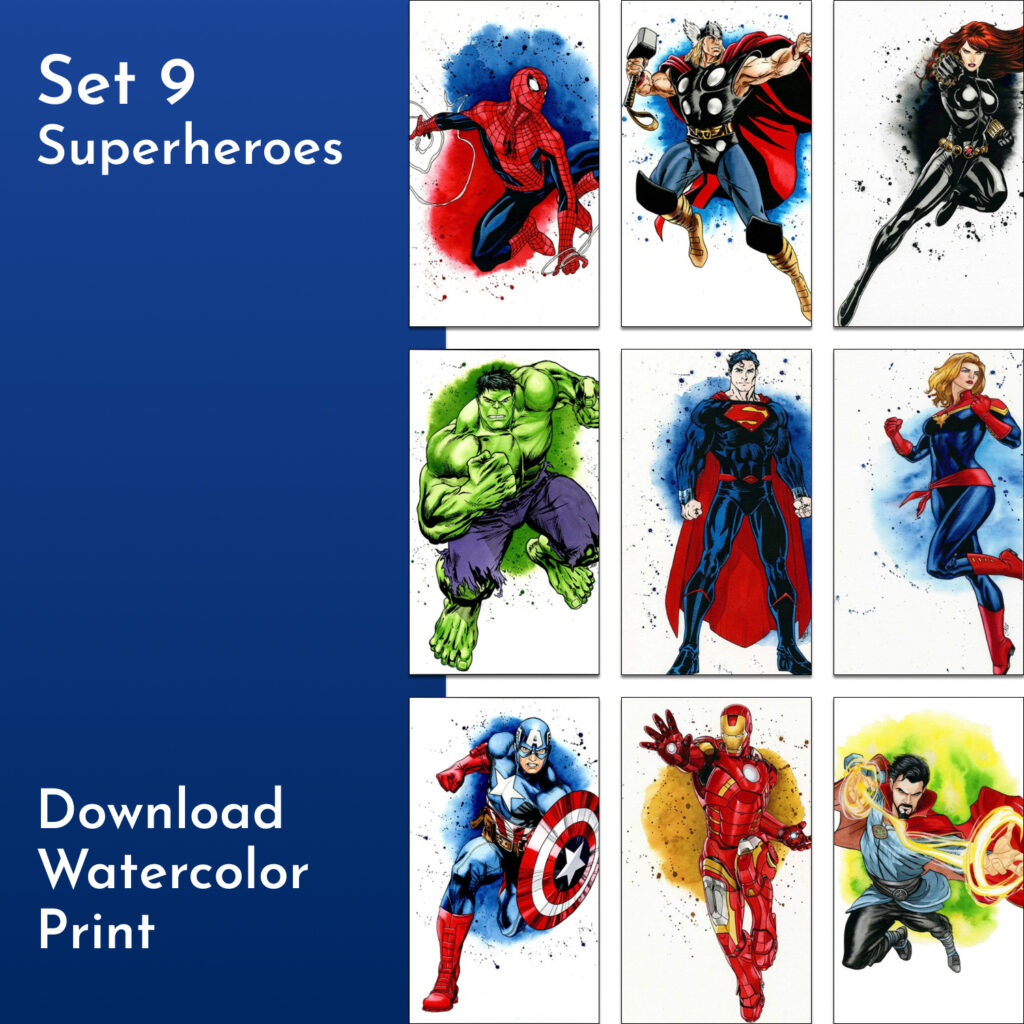 Set Of 9 Superheroes Watercolor Print Poster – MasterBundles