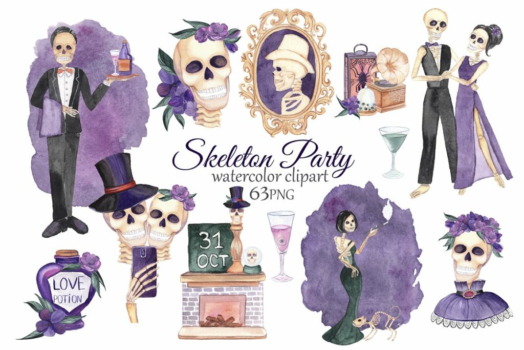 Skeleton Party Watercolor Clipart – MasterBundles