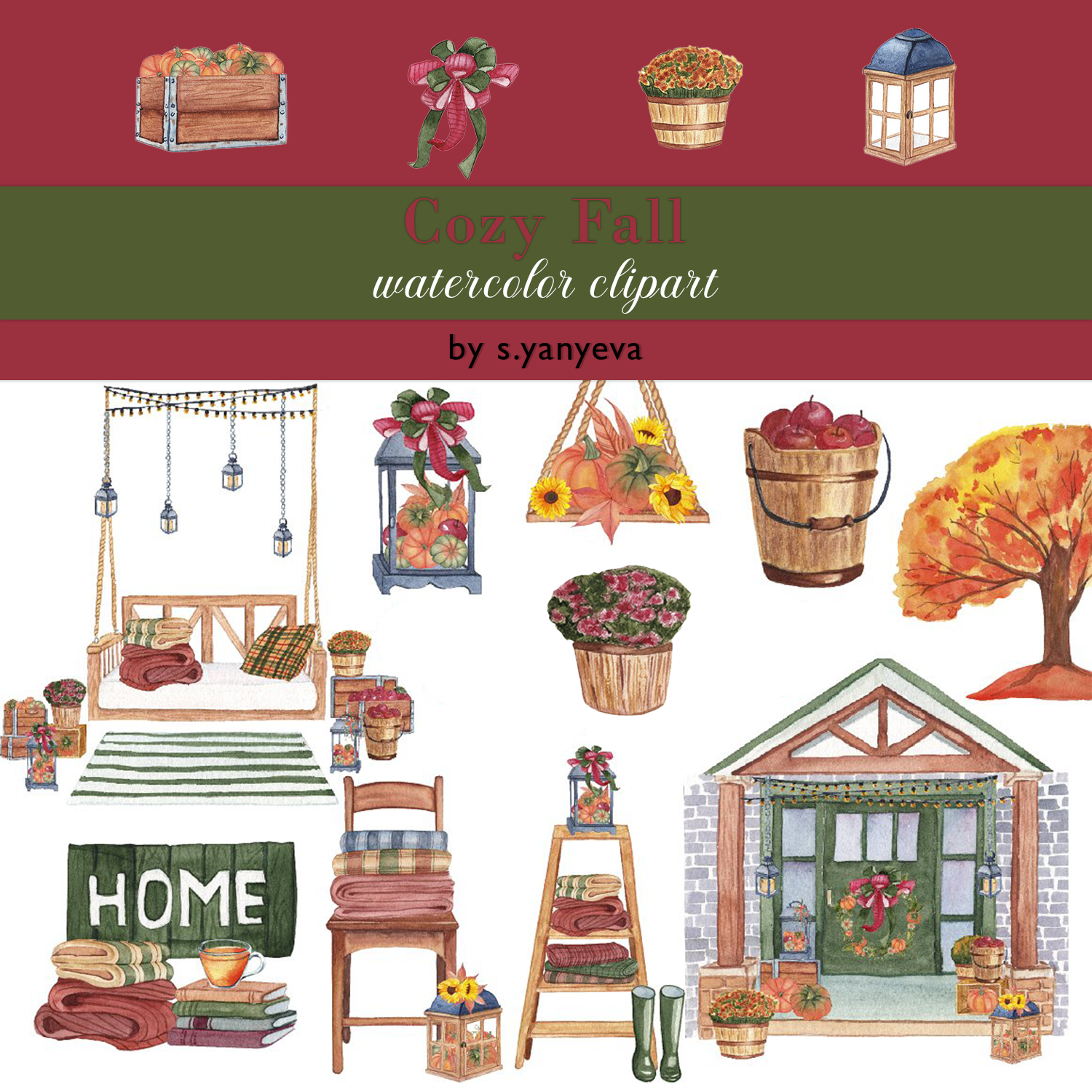 Cozy Fall Watercolor Clipart | Master Bundles