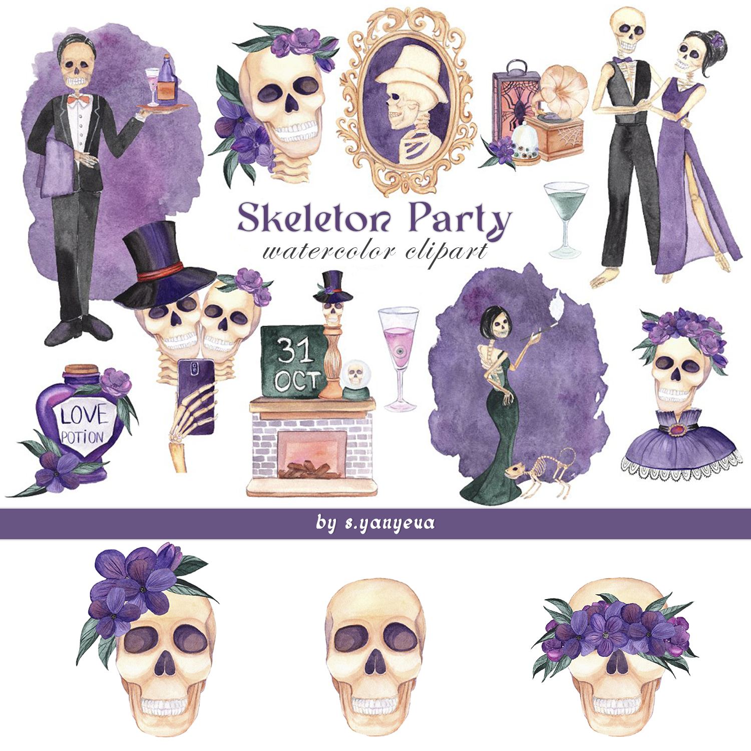 Skeleton Party Watercolor Clipart – MasterBundles