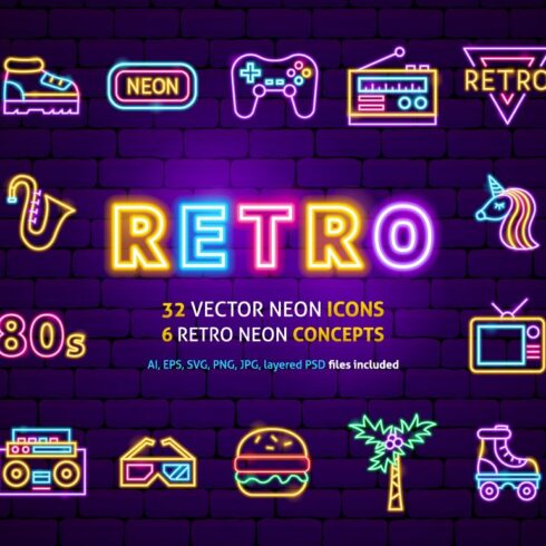 Retro Neon Retro Symbols | Master Bundles