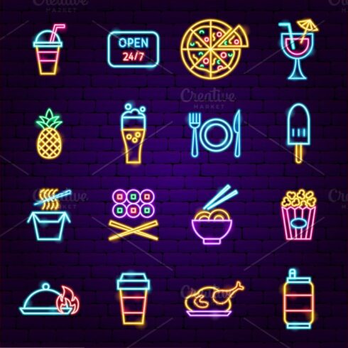 Fast Food Neon Outline Icons | Master Bundles