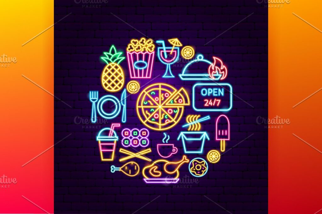 Fast Food Neon Outline Icons – MasterBundles