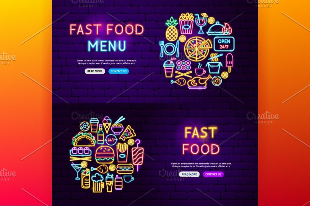 Fast Food Neon Outline Icons – MasterBundles