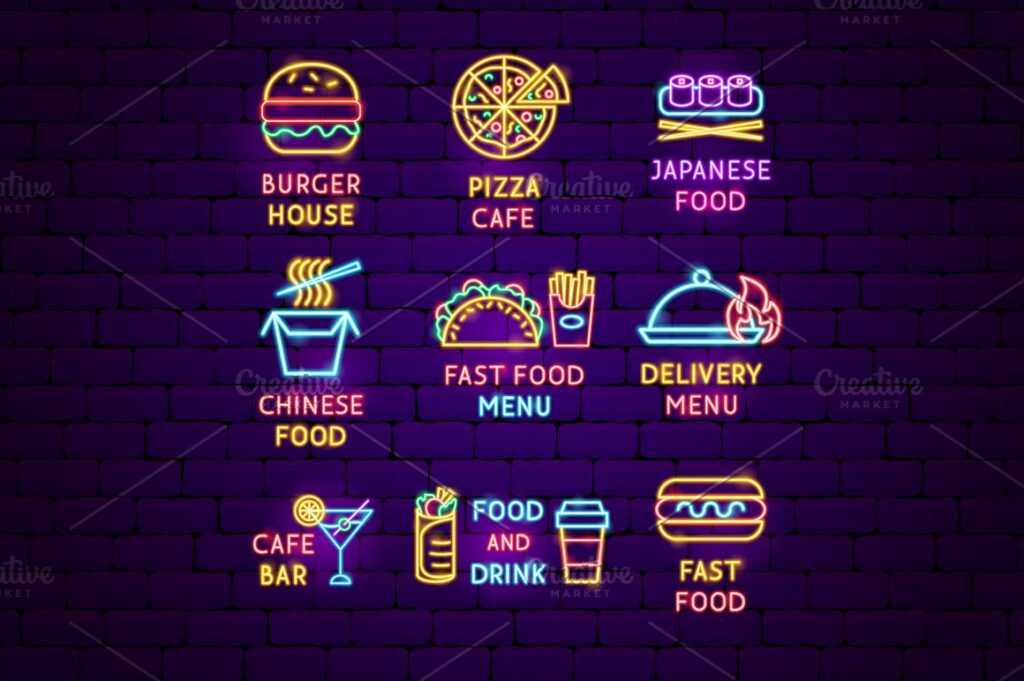 Fast Food Neon Outline Icons – MasterBundles