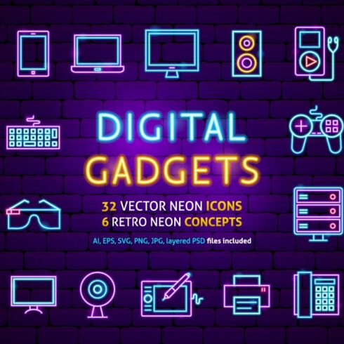 Gadgets Technology Neon Outline Vector Icons | Master Bundles