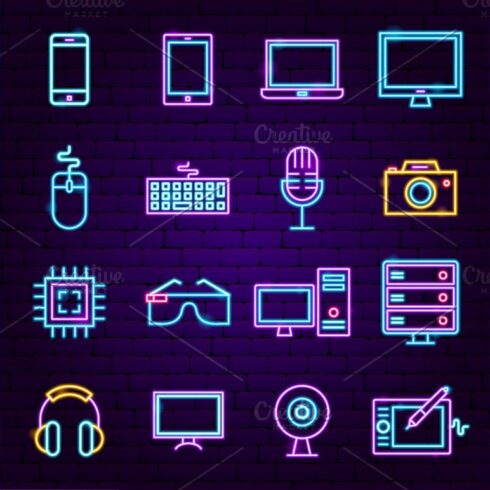Gadgets Technology Neon Outline Vector Icons | Master Bundles