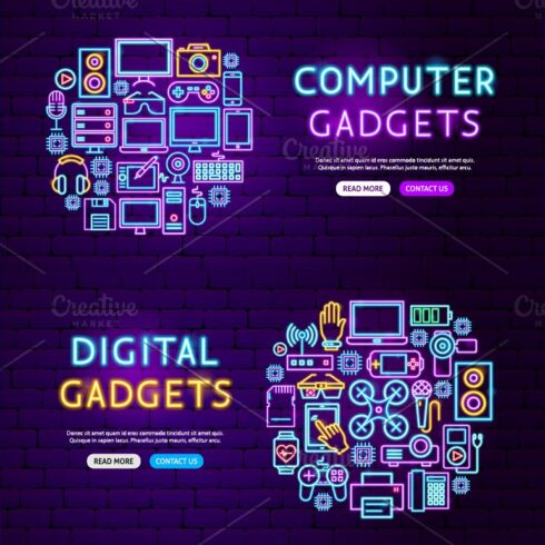 Gadgets Technology Neon Outline Vector Icons | Master Bundles
