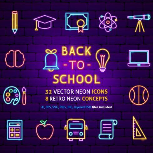 Back To School Neon Outline Vector Icons | Master Bundles