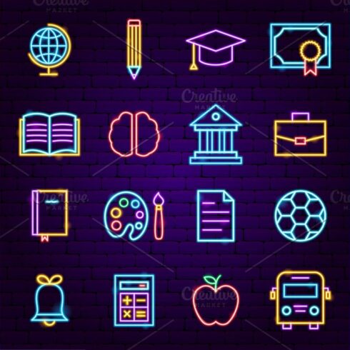 Back To School Neon Outline Vector Icons | Master Bundles