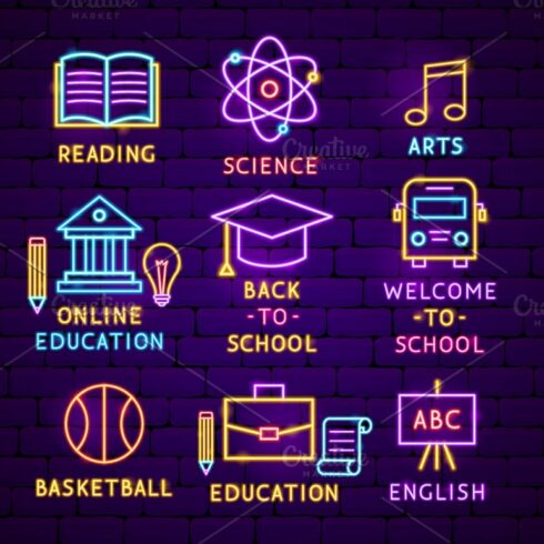 Back To School Neon Outline Vector Icons | Master Bundles