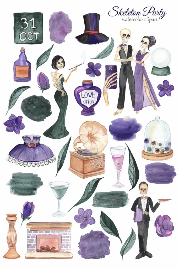 Skeleton Party Watercolor Clipart – MasterBundles