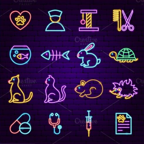 Pet Vet Neon Outline Vector Icons | Master Bundles