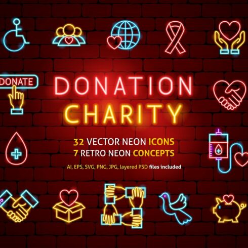 Charity Donation Neon Icons | Master Bundles