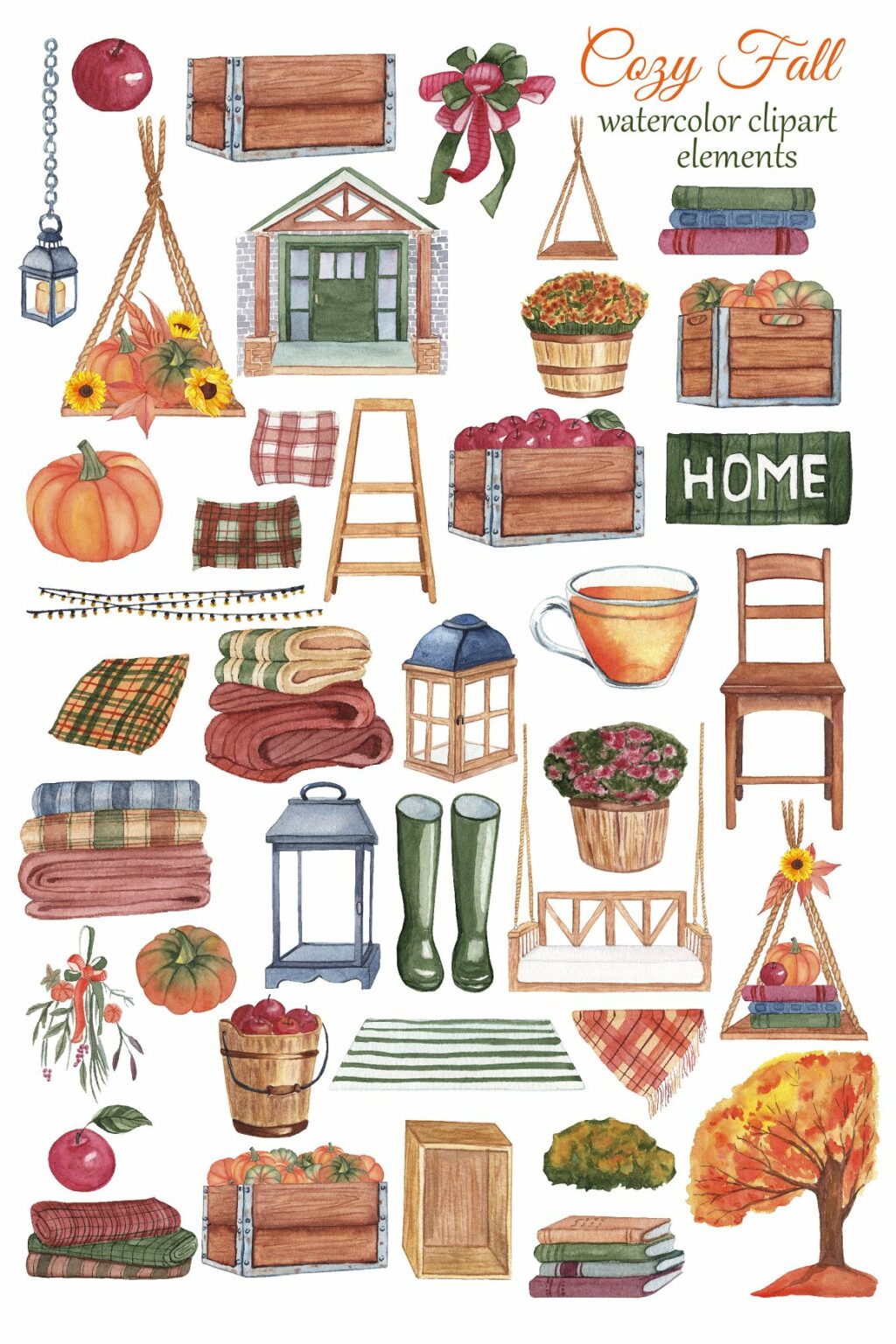 Cozy Fall Watercolor Clipart | Master Bundles