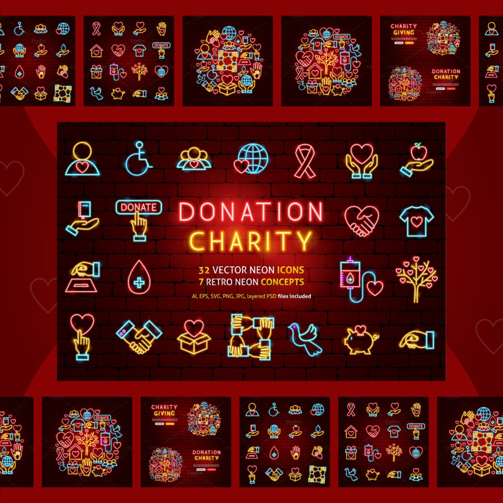 Charity Donation Neon Icons – MasterBundles