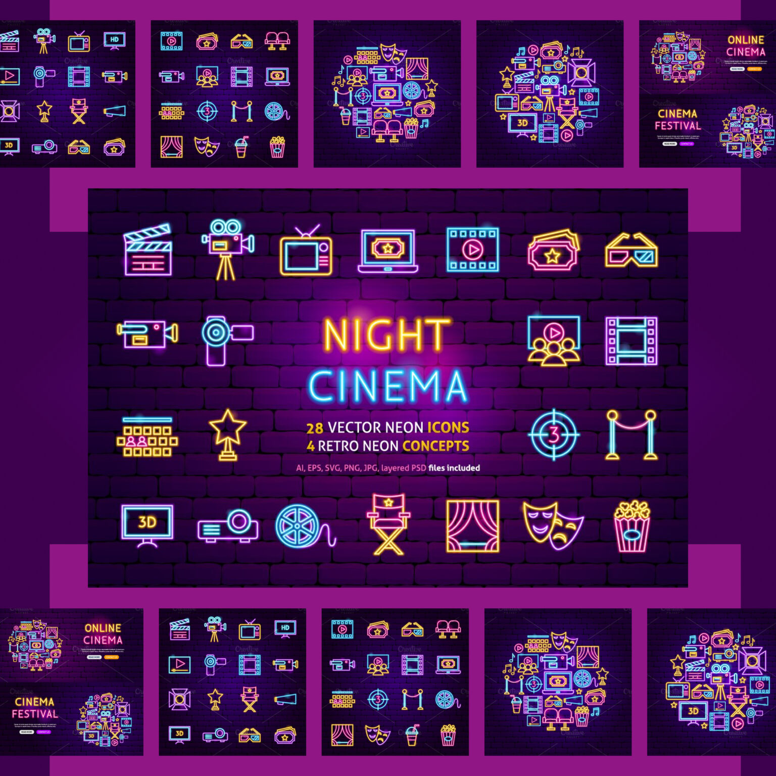 Cinema Neon Outline Vector Icons | Master Bundles