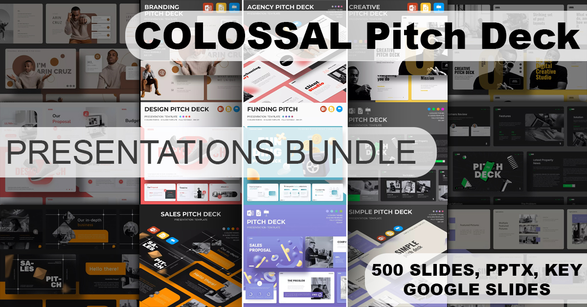 Colossal Pitch Deck Presentations Bundle: 500 Slides, PPTX, KEY, Google Slides – MasterBundles