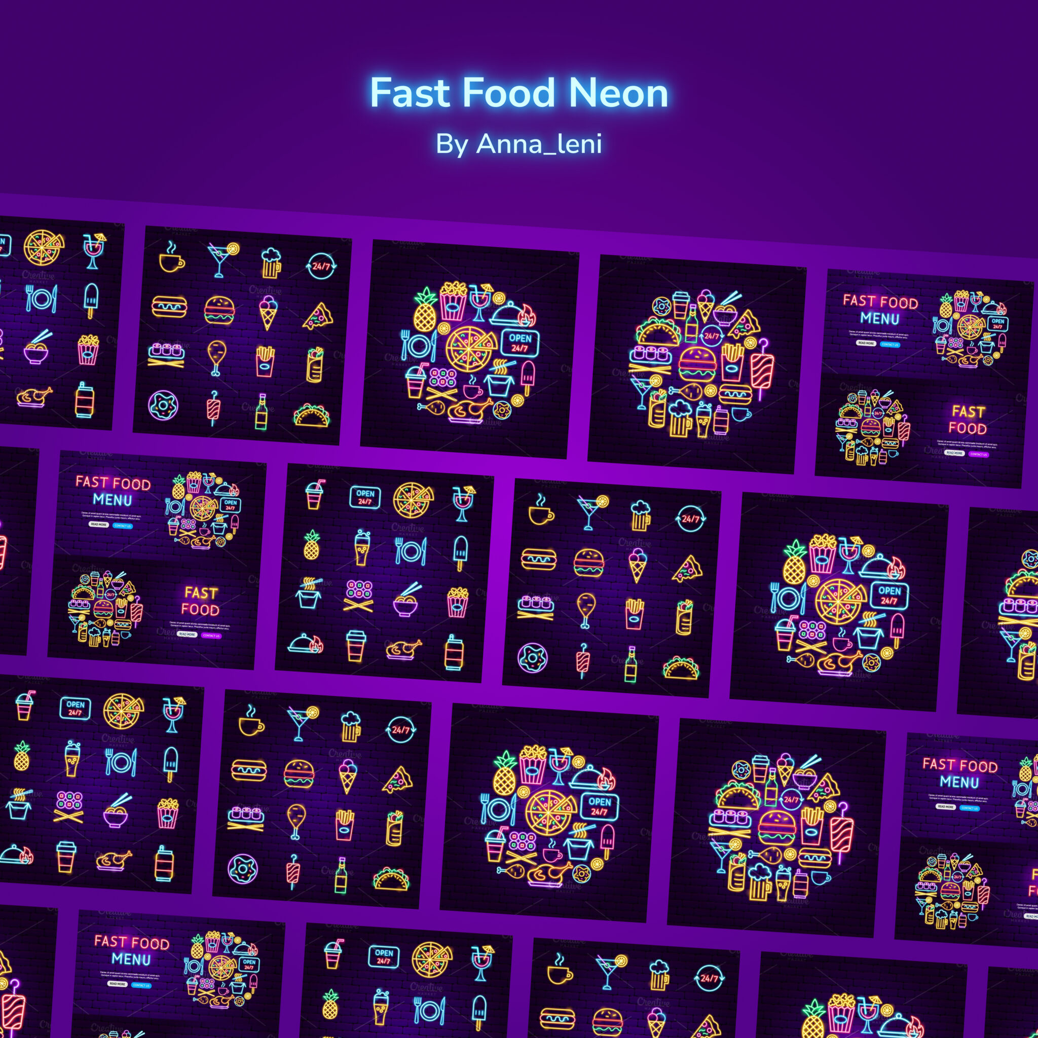 Fast Food Neon Outline Icons – MasterBundles
