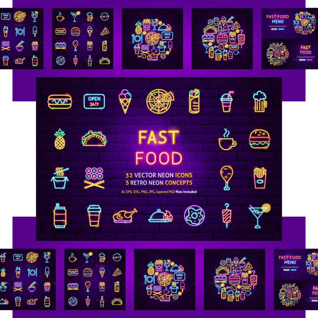 Fast Food Neon Outline Icons – MasterBundles