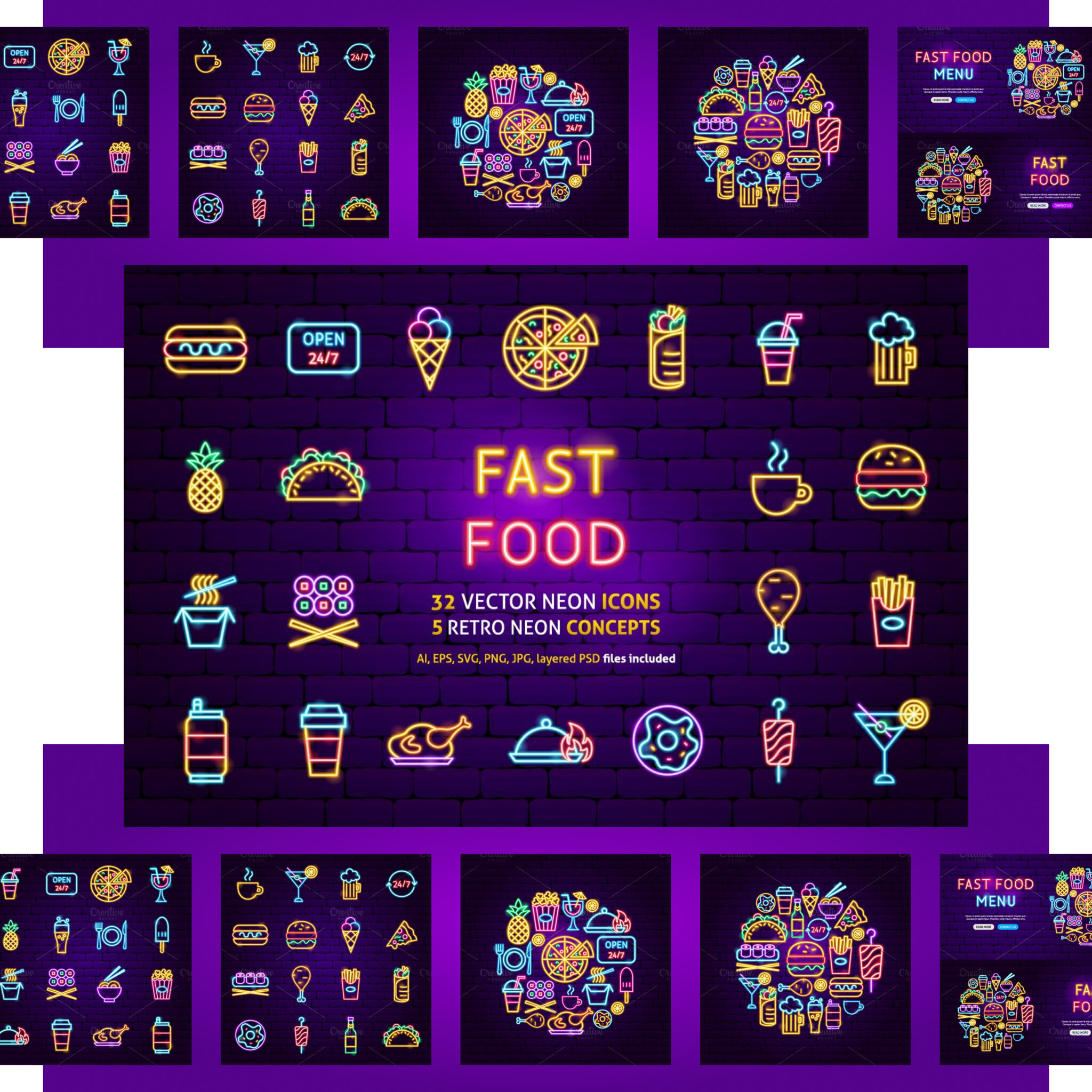 Fast Food Neon Outline Icons – MasterBundles
