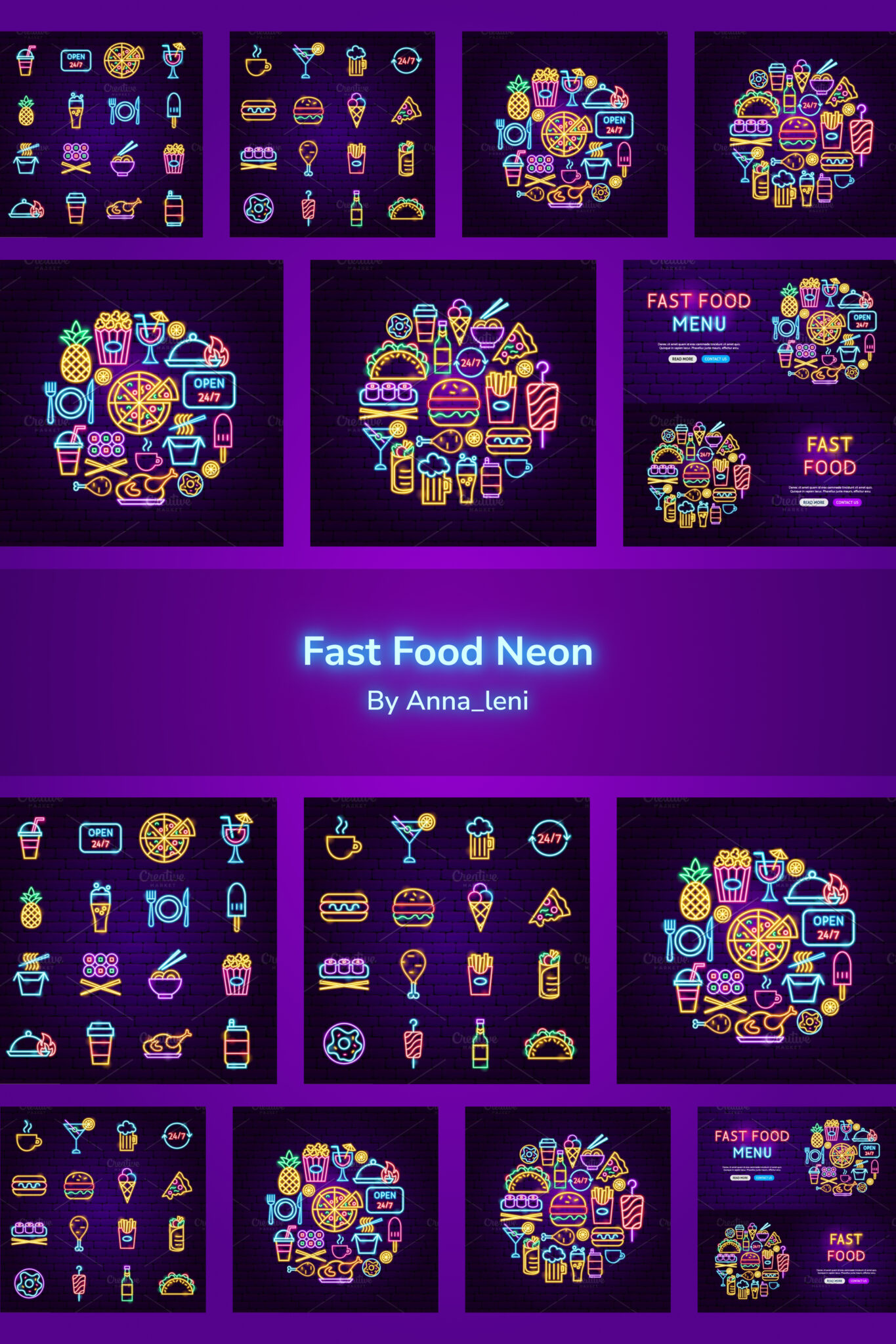 Fast Food Neon Outline Icons – MasterBundles