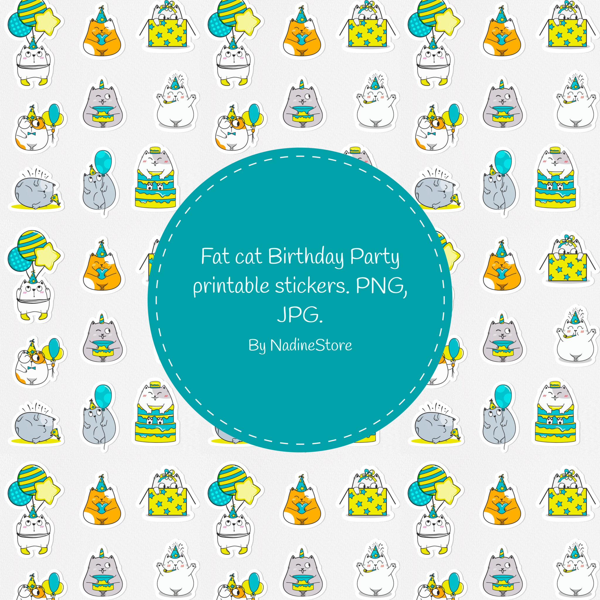 Fat Cat Birthday Party Printable Stickers. PNG, JPG. – MasterBundles