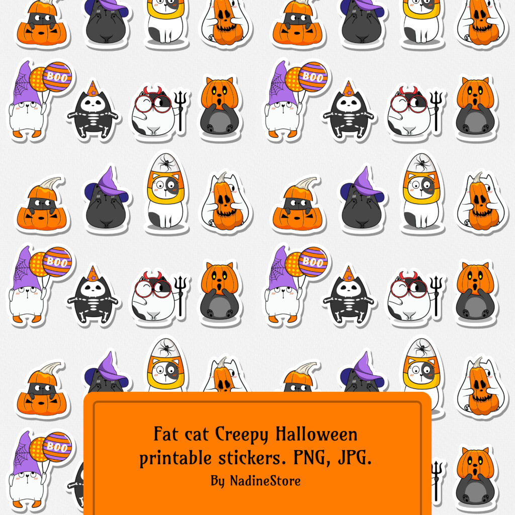 Fat Cat Creepy Halloween Printable Stickers. PNG, JPG. – MasterBundles