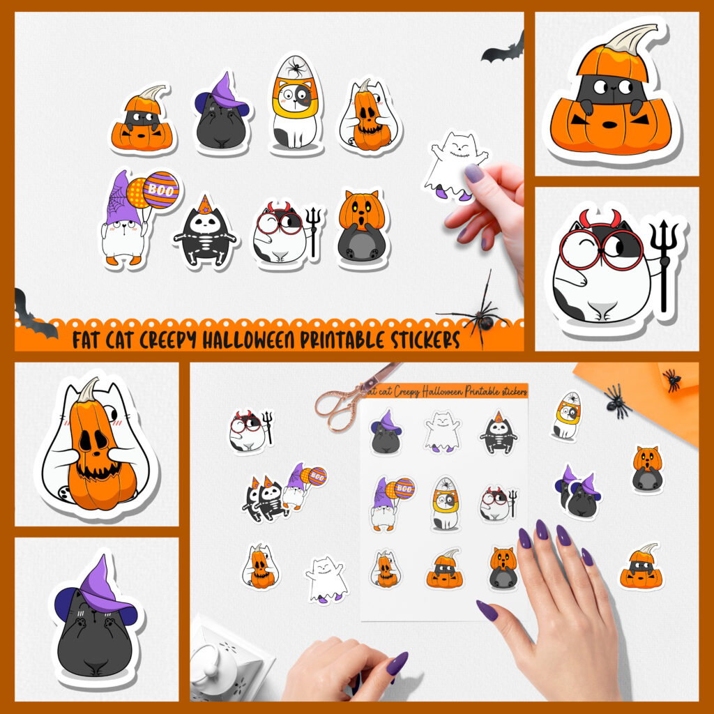 Fat Cat Creepy Halloween Printable Stickers. PNG, JPG. – MasterBundles