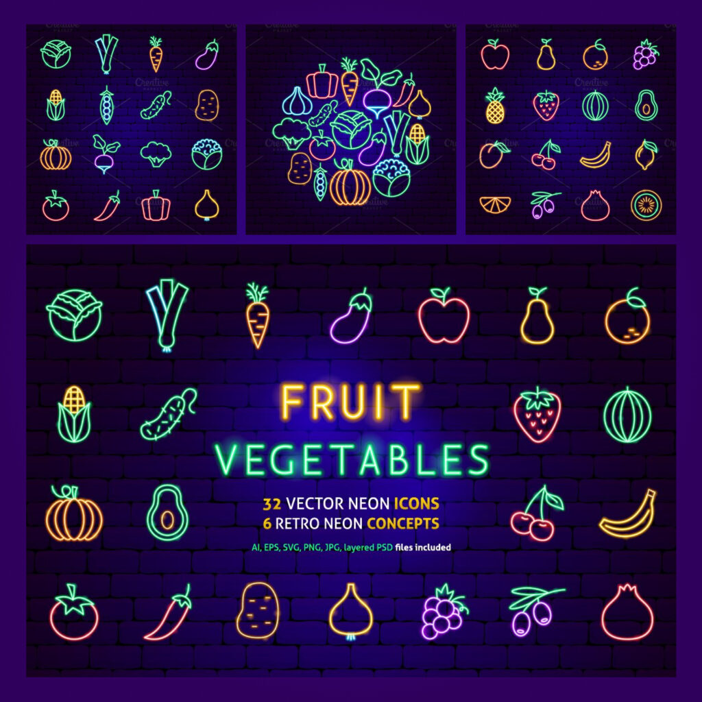 Fruit Vegetables Neon – MasterBundles