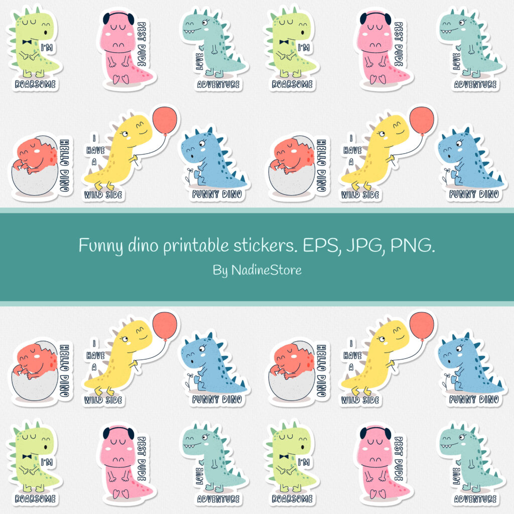 Funny Dino Printable Stickers. EPS, JPG, PNG. – MasterBundles