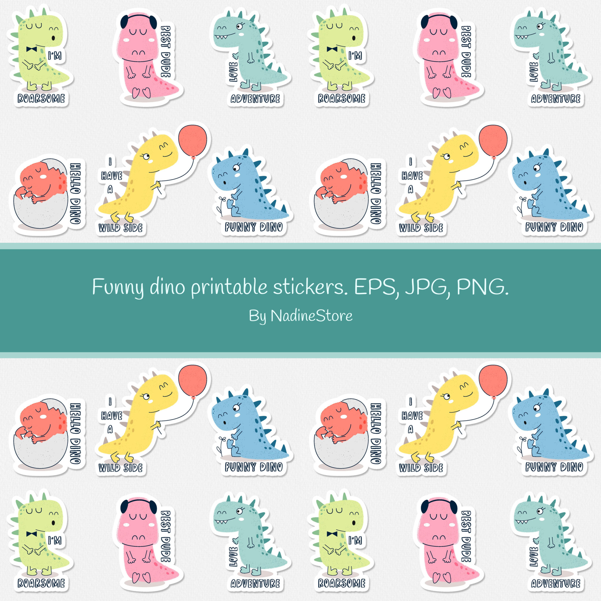 Funny Dino Printable Stickers. EPS, JPG, PNG. – MasterBundles