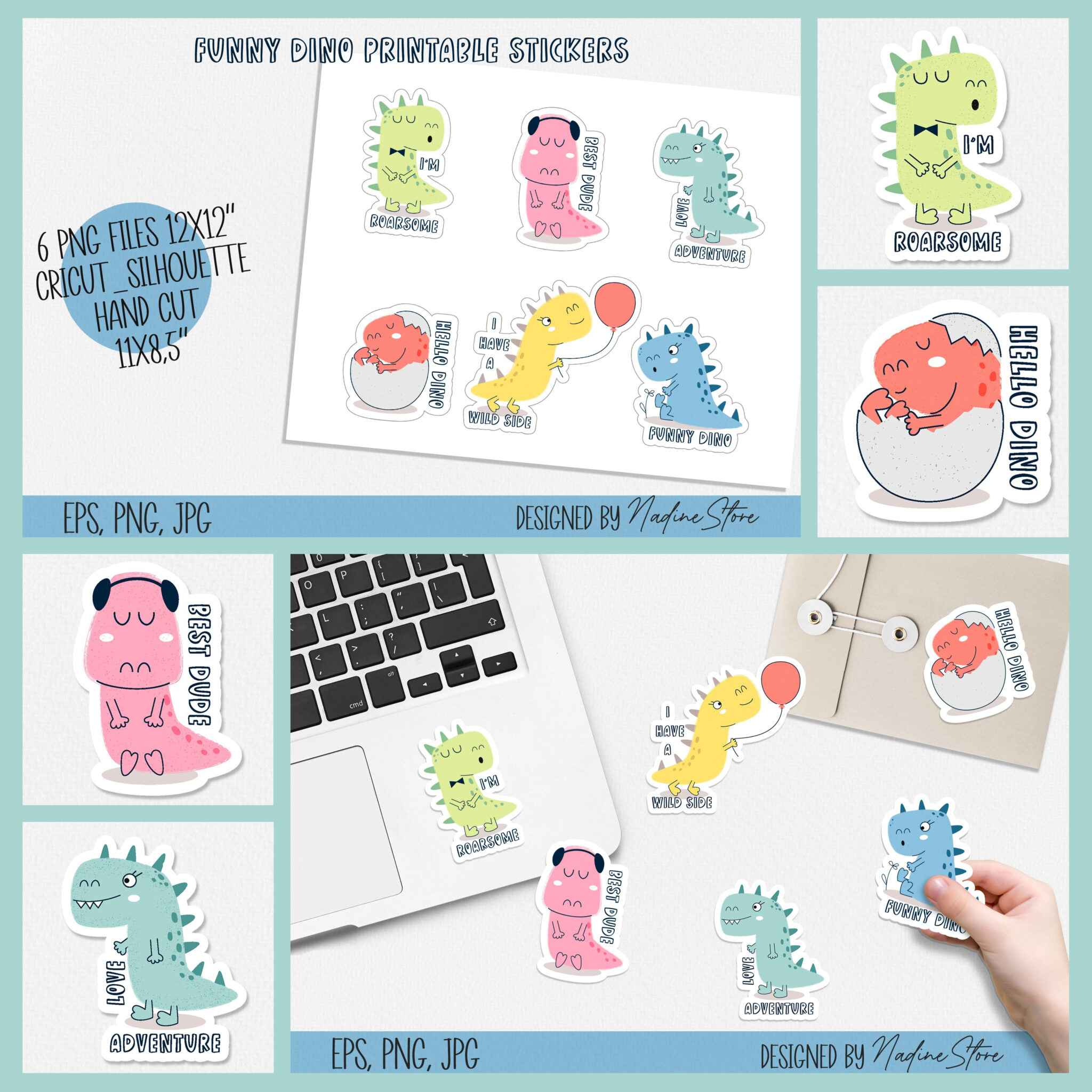 Funny Dino Printable Stickers. EPS, JPG, PNG. – MasterBundles