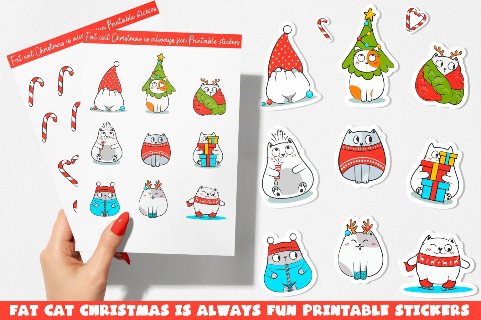 Fat Cat Christmas Printable Stickers. PNG, JPG. – MasterBundles