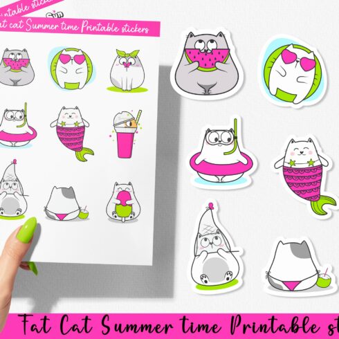 Fat Cat Summer Time Printable Stickers. PNG, JPG. | MasterBundles