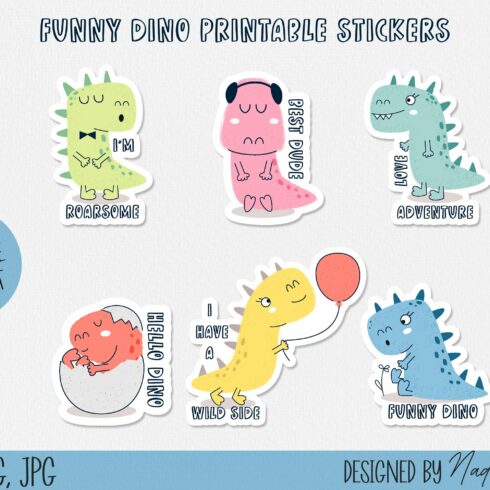 Funny Dino Printable Stickers. EPS, JPG, PNG. – MasterBundles