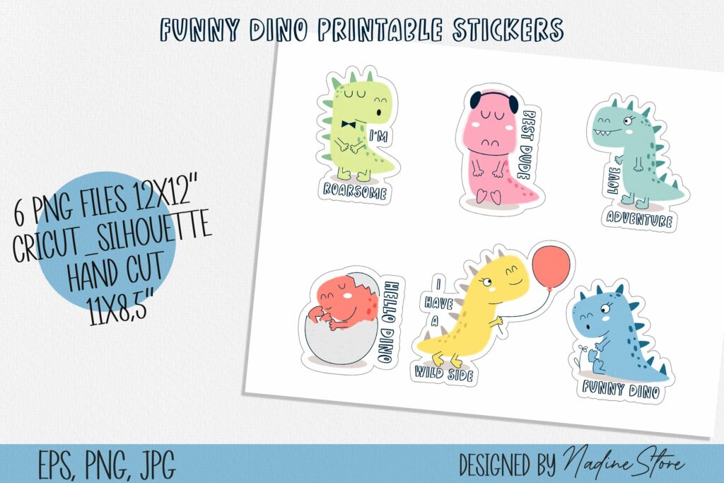 Funny Dino Printable Stickers. EPS, JPG, PNG. – MasterBundles