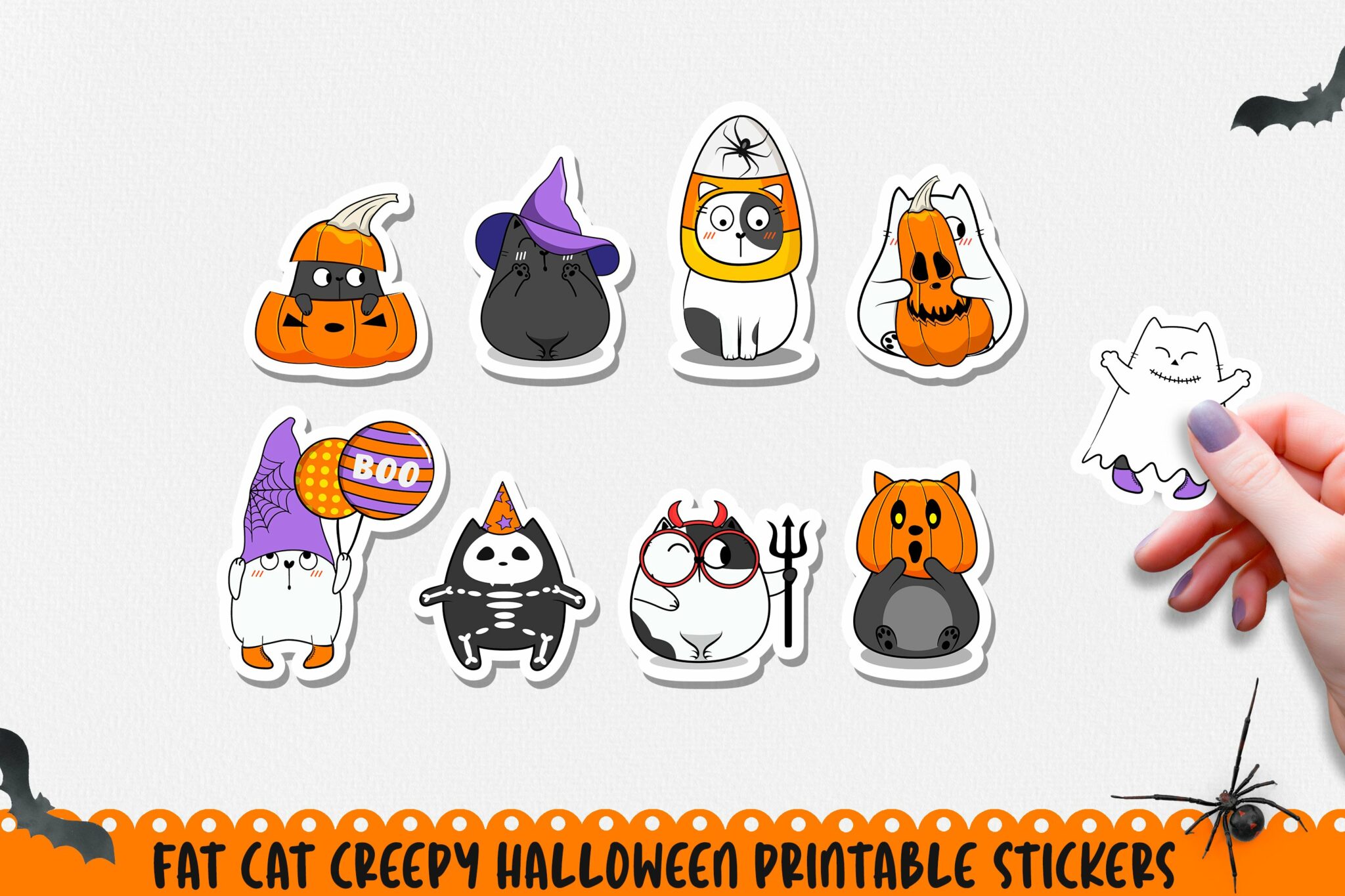 Fat Cat Creepy Halloween Printable Stickers. PNG, JPG. – MasterBundles