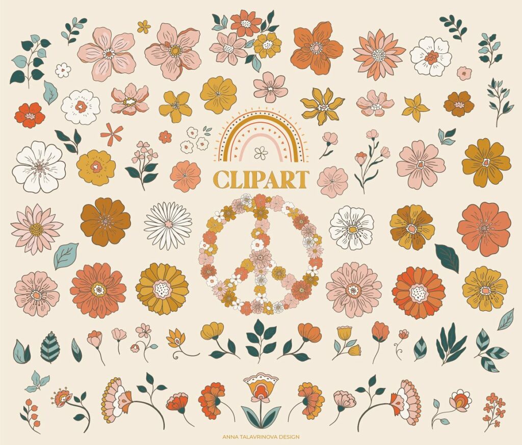 Retro Flowers Groovy Pattern&Clipart – MasterBundles