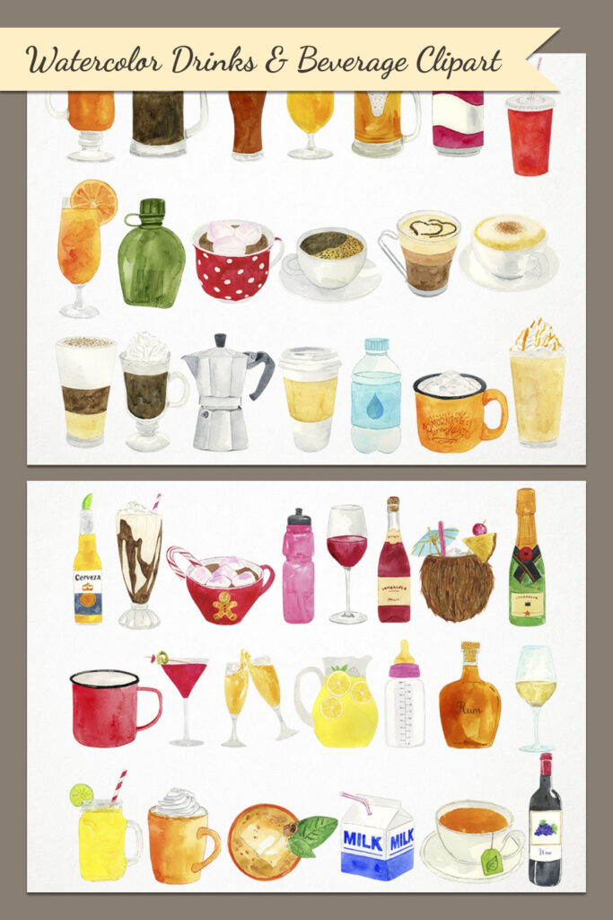 Watercolor Drinks & Beverage Clipart | Master Bundles