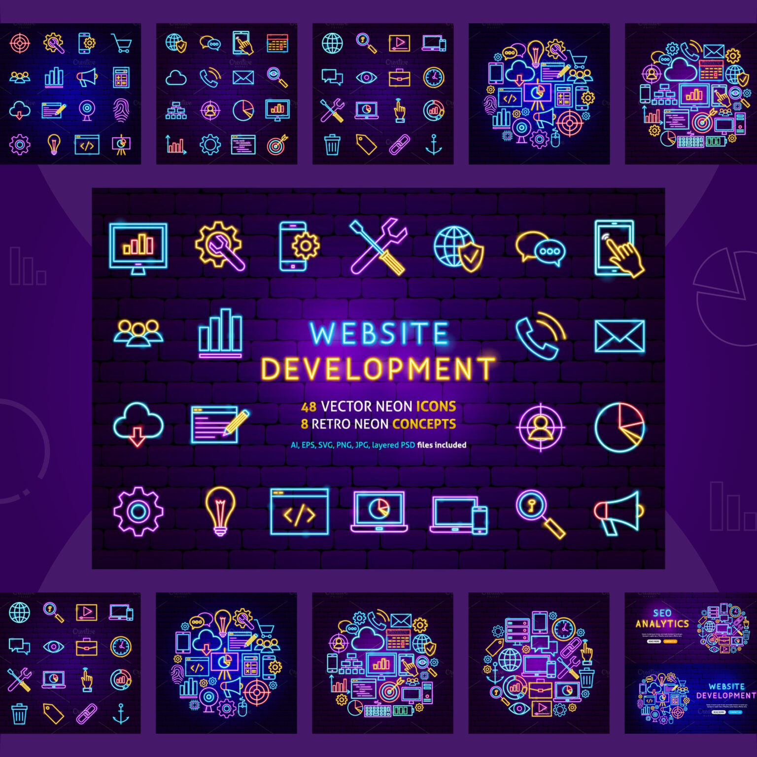 Web Development SEO Neon Icons – MasterBundles