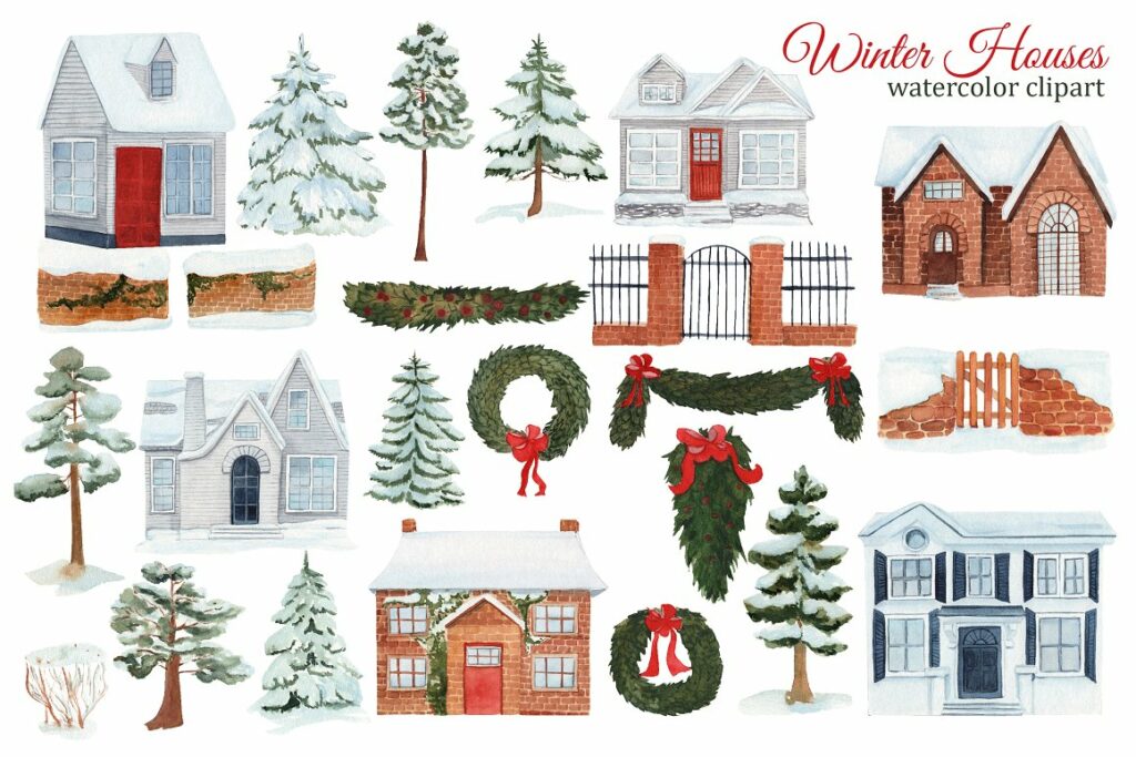 Watercolor Winter House Clipart – MasterBundles