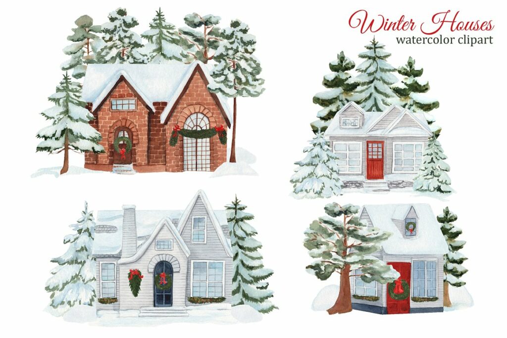 Watercolor Winter House Clipart – MasterBundles