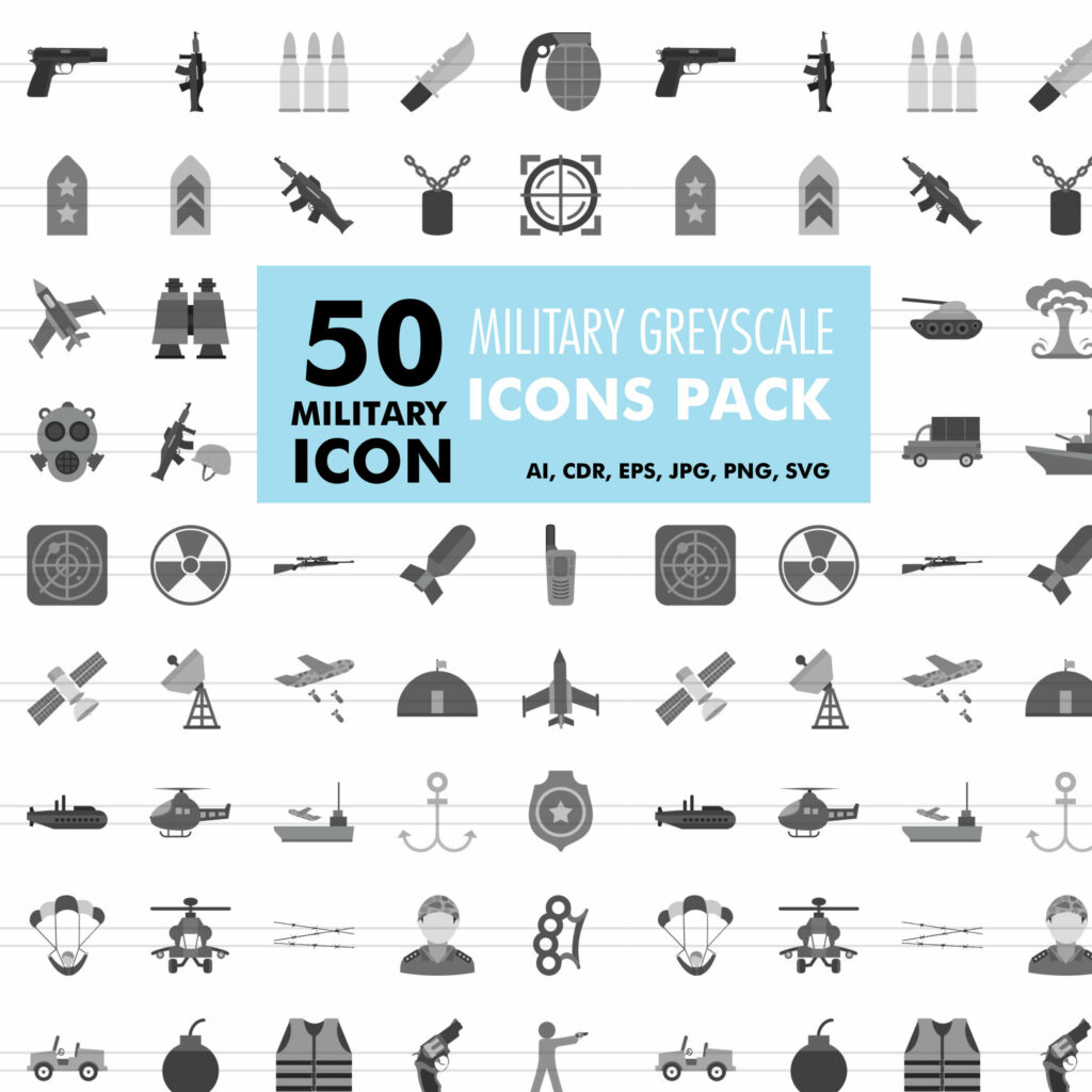 50 Military Flat Shadowed Icons | Master Bundles