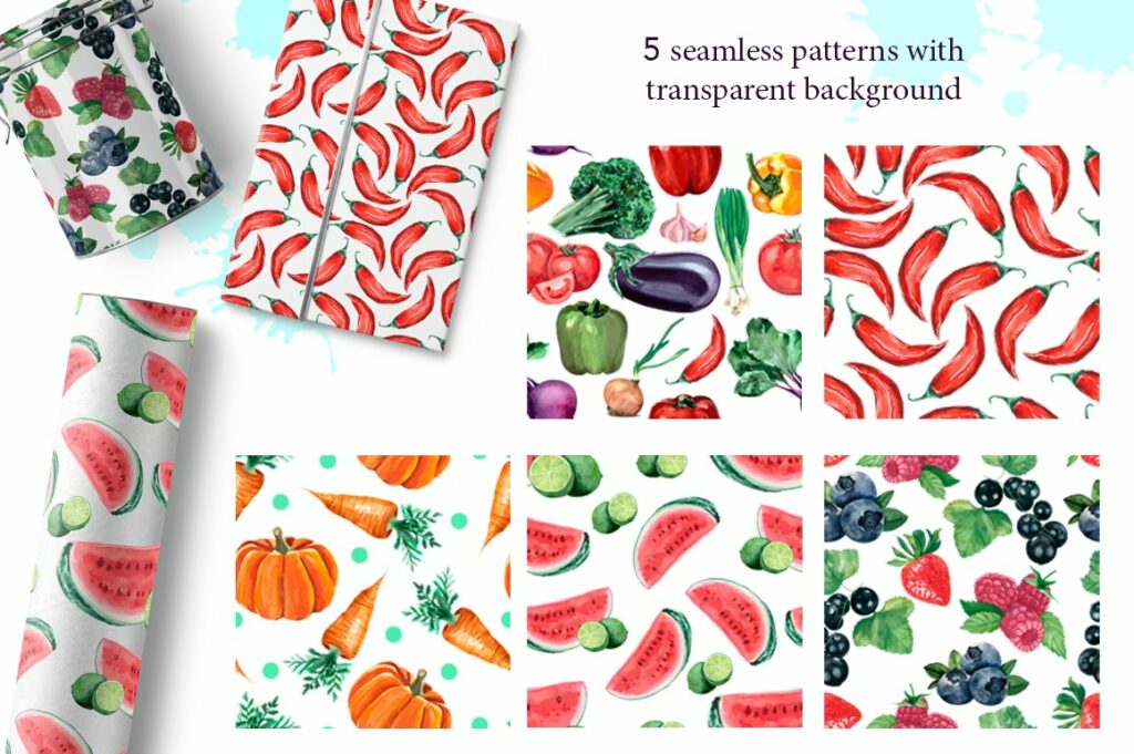 Watercolor Vegetables & Fruits 43 Elements – MasterBundles