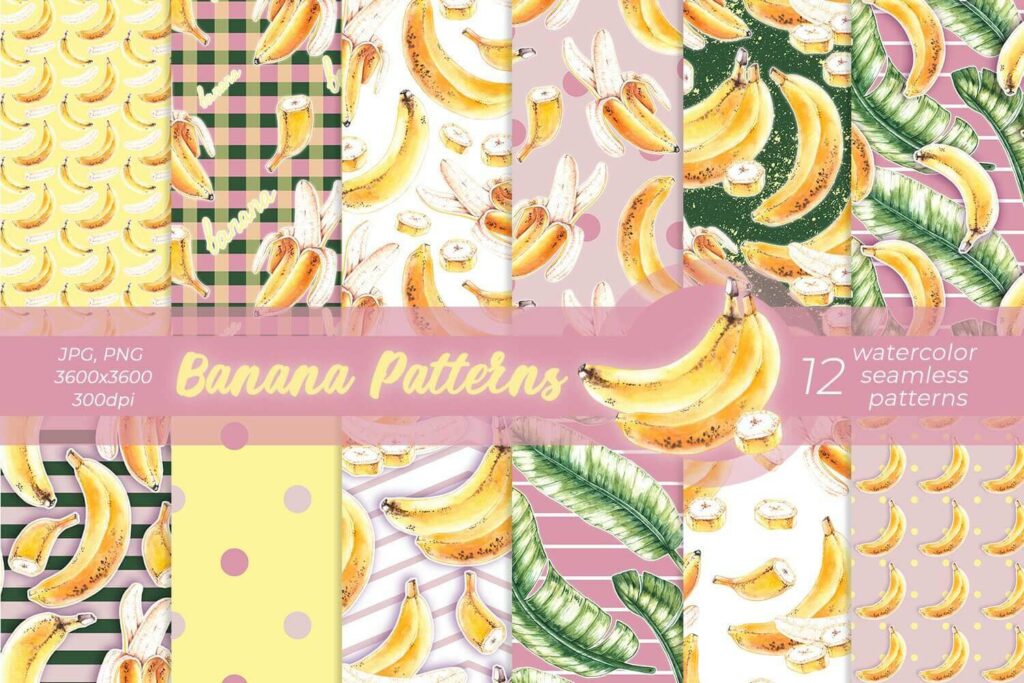 Watercolor Banana Patterns Watercolor Patterns PNG, JPG – MasterBundles