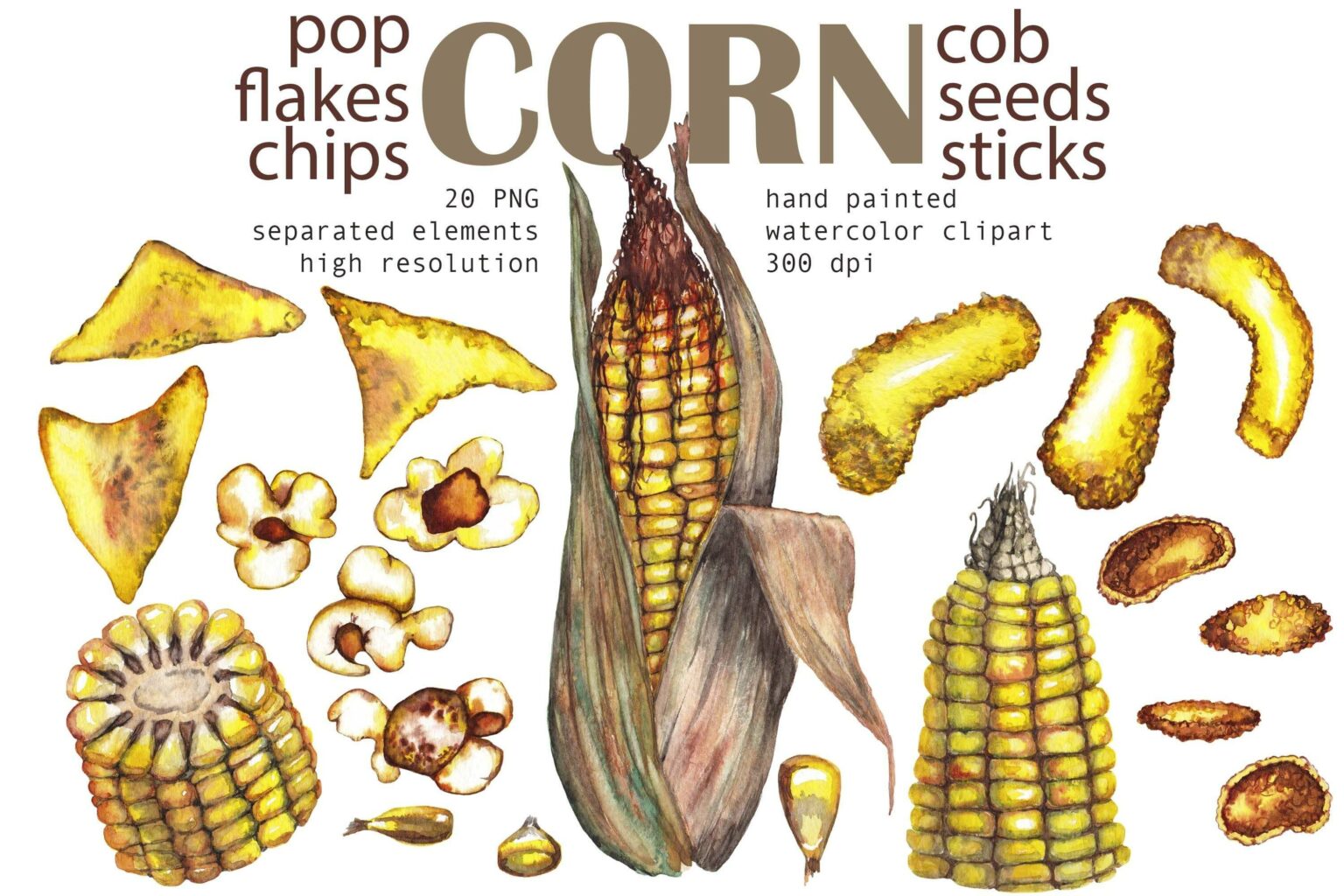 Watercolor Corn Cob Seeds Popcorn Flakes Sticks Chips PNG – MasterBundles