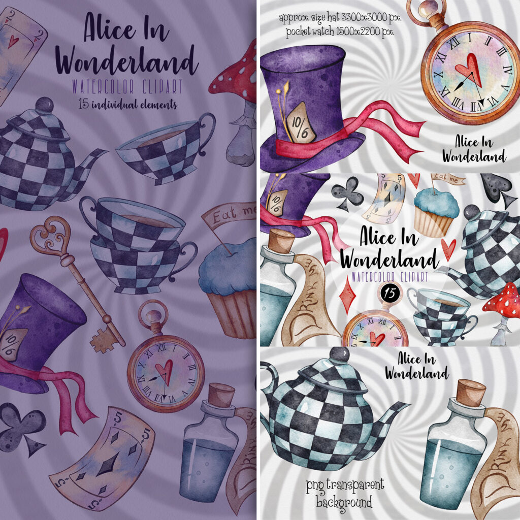 Alice In Wonderland Watercolor Clipart, Tea Party PNG – MasterBundles